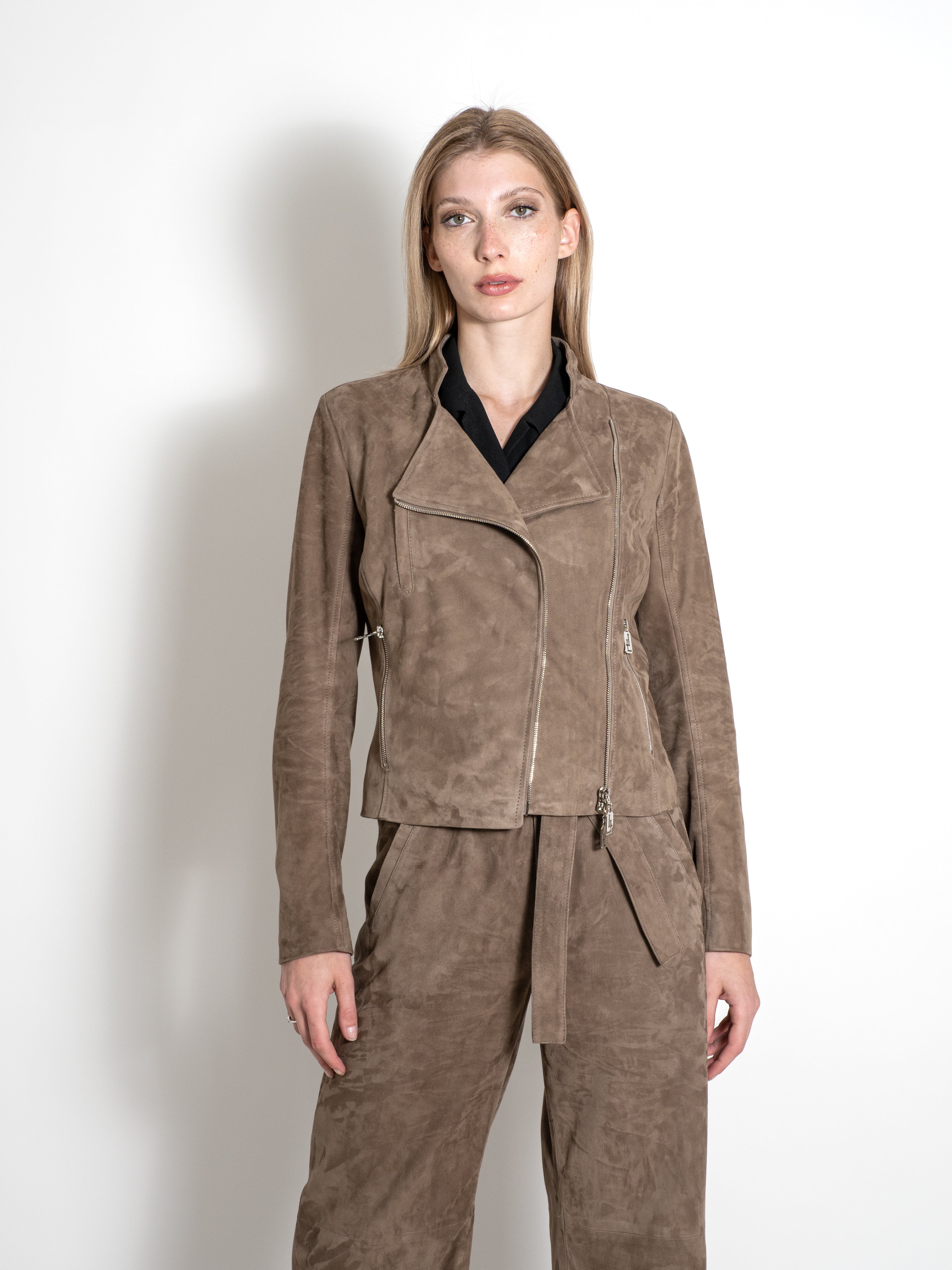 Giacca Biker Scamosciata Sabbia Nancy – Lapeco Pellicceria